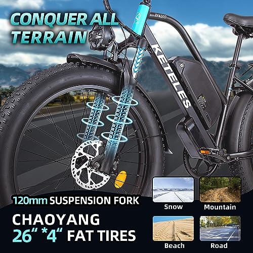 QIKAITU Electric Bike for Adults 1000W 30MPH 48V 23AH Ebikes for Men 26" Fat Tire Electric Bicycle Snow Beach Color LCD Display Electric Mountain Bike