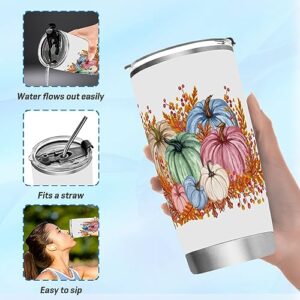 Jihqo Autumn Pumpkins Thanksgiving Tumbler with Lid and Straw, Insulated Stainless Steel Tumbler Cup, Double Walled Travel Coffee Mug Thermal Vacuum Cups for Hot & Cold Drinks 12oz