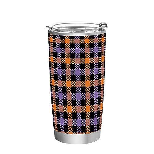 Jihqo Purple Orange Buffalo Plaid Tumbler with Lid and Straw, Insulated Stainless Steel Tumbler Cup, Double Walled Travel Coffee Mug Thermal Vacuum Cups for Hot & Cold Drinks 20oz