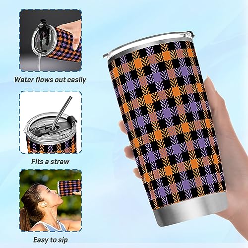 Jihqo Purple Orange Buffalo Plaid Tumbler with Lid and Straw, Insulated Stainless Steel Tumbler Cup, Double Walled Travel Coffee Mug Thermal Vacuum Cups for Hot & Cold Drinks 20oz