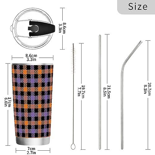 Jihqo Purple Orange Buffalo Plaid Tumbler with Lid and Straw, Insulated Stainless Steel Tumbler Cup, Double Walled Travel Coffee Mug Thermal Vacuum Cups for Hot & Cold Drinks 20oz