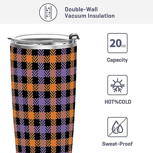 Jihqo Purple Orange Buffalo Plaid Tumbler with Lid and Straw, Insulated Stainless Steel Tumbler Cup, Double Walled Travel Coffee Mug Thermal Vacuum Cups for Hot & Cold Drinks 20oz