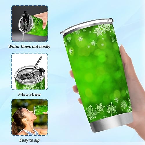 Jihqo Christmas Green Snowflake Tumbler with Lid and Straw, Insulated Stainless Steel Tumbler Cup, Double Walled Travel Coffee Mug Thermal Vacuum Cups for Hot & Cold Drinks 12oz