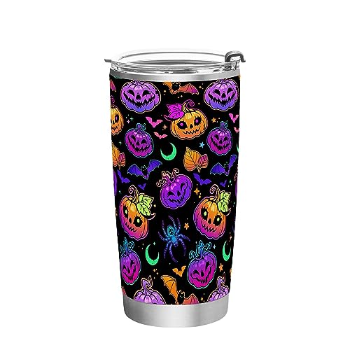 Jihqo Halloween Pumpkin Purple Tumbler with Lid and Straw, Insulated Stainless Steel Tumbler Cup, Double Walled Travel Coffee Mug Thermal Vacuum Cups for Hot & Cold Drinks 20oz