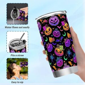 Jihqo Halloween Pumpkin Purple Tumbler with Lid and Straw, Insulated Stainless Steel Tumbler Cup, Double Walled Travel Coffee Mug Thermal Vacuum Cups for Hot & Cold Drinks 20oz