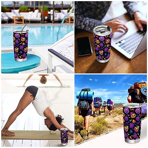 Jihqo Halloween Pumpkin Purple Tumbler with Lid and Straw, Insulated Stainless Steel Tumbler Cup, Double Walled Travel Coffee Mug Thermal Vacuum Cups for Hot & Cold Drinks 20oz