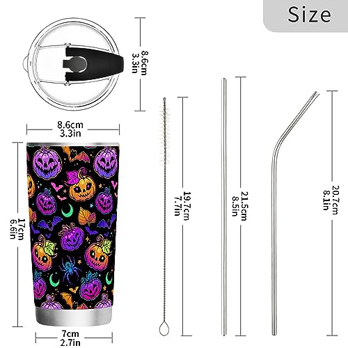 Jihqo Halloween Pumpkin Purple Tumbler with Lid and Straw, Insulated Stainless Steel Tumbler Cup, Double Walled Travel Coffee Mug Thermal Vacuum Cups for Hot & Cold Drinks 20oz