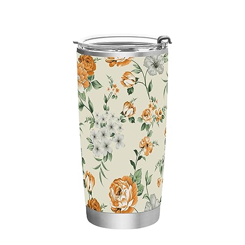 Jihqo Vintage Flower Tumbler with Lid and Straw, Insulated Stainless Steel Tumbler Cup, Double Walled Travel Coffee Mug Thermal Vacuum Cups for Hot & Cold Drinks 20oz