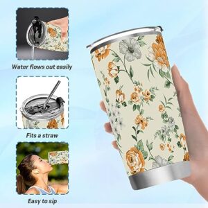 Jihqo Vintage Flower Tumbler with Lid and Straw, Insulated Stainless Steel Tumbler Cup, Double Walled Travel Coffee Mug Thermal Vacuum Cups for Hot & Cold Drinks 20oz