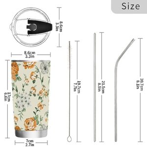 Jihqo Vintage Flower Tumbler with Lid and Straw, Insulated Stainless Steel Tumbler Cup, Double Walled Travel Coffee Mug Thermal Vacuum Cups for Hot & Cold Drinks 20oz