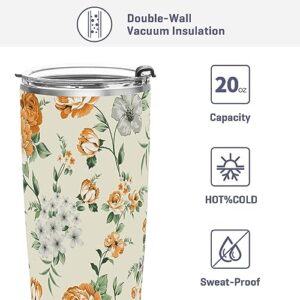 Jihqo Vintage Flower Tumbler with Lid and Straw, Insulated Stainless Steel Tumbler Cup, Double Walled Travel Coffee Mug Thermal Vacuum Cups for Hot & Cold Drinks 20oz