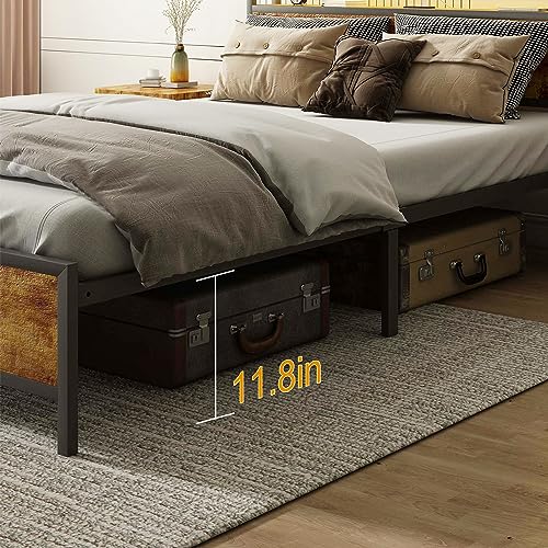 HoldoLife Queen Size Bed Frame with LED Lights and 2 USB Ports, Industrial Platform Bed with Storage Headboard, Non-Slip Noise Free Bed Frame, Rustic Brown, Easy Assembly (Queen)