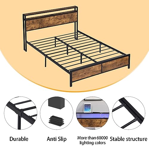 HoldoLife Queen Size Bed Frame with LED Lights and 2 USB Ports, Industrial Platform Bed with Storage Headboard, Non-Slip Noise Free Bed Frame, Rustic Brown, Easy Assembly (Queen)