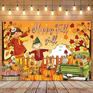 fall y'all backdrop happy fall y'all decorations,large polyester scarecrow fall leaves fall backdrops banner for photography thanksgiving decorations fall party supplies