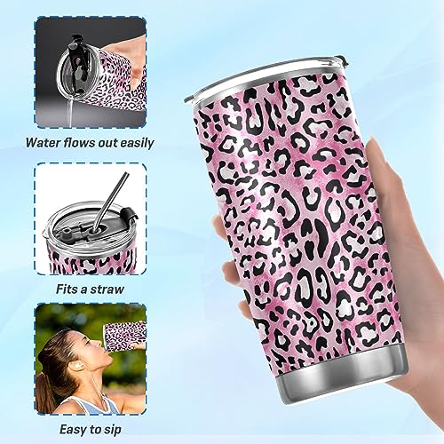 Jihqo Pink Leopard Tumbler with Lid and Straw, Insulated Stainless Steel Tumbler Cup, Double Walled Travel Coffee Mug Thermal Vacuum Cups for Hot & Cold Drinks 12oz