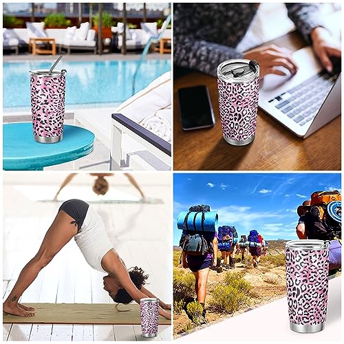 Jihqo Pink Leopard Tumbler with Lid and Straw, Insulated Stainless Steel Tumbler Cup, Double Walled Travel Coffee Mug Thermal Vacuum Cups for Hot & Cold Drinks 12oz