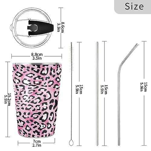 Jihqo Pink Leopard Tumbler with Lid and Straw, Insulated Stainless Steel Tumbler Cup, Double Walled Travel Coffee Mug Thermal Vacuum Cups for Hot & Cold Drinks 12oz