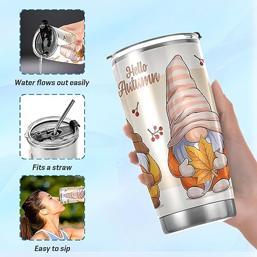 Jihqo Cute Autumn Pumpkin Gnome Tumbler with Lid and Straw, Insulated Stainless Steel Tumbler Cup, Double Walled Travel Coffee Mug Thermal Vacuum Cups for Hot & Cold Drinks 12oz