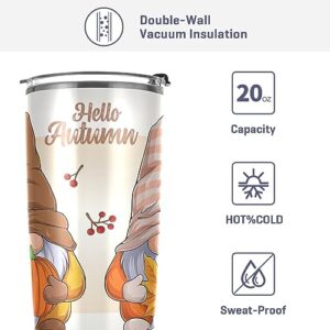 Jihqo Cute Autumn Pumpkin Gnome Tumbler with Lid and Straw, Insulated Stainless Steel Tumbler Cup, Double Walled Travel Coffee Mug Thermal Vacuum Cups for Hot & Cold Drinks 12oz