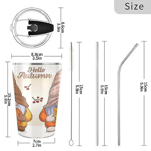 Jihqo Cute Autumn Pumpkin Gnome Tumbler with Lid and Straw, Insulated Stainless Steel Tumbler Cup, Double Walled Travel Coffee Mug Thermal Vacuum Cups for Hot & Cold Drinks 12oz