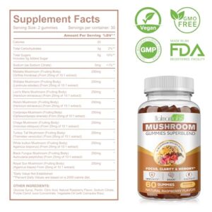 JYHSGD Super Mushroom Gummies for Adults, 10 Blend Mushroom Complex for Focus, Energy and Anxiety, Nootropic Brain Supplements, Boost Immunity, Shitake, Reishi, Turkey-Tail, Chaga, 60pcs