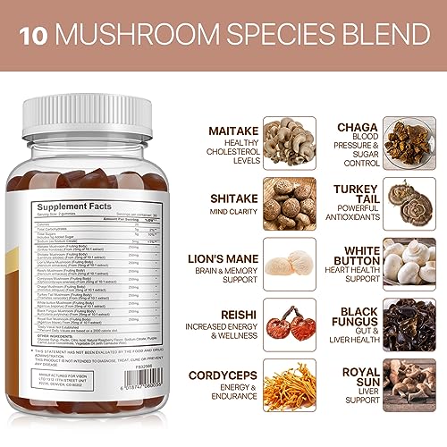 JYHSGD Super Mushroom Gummies for Adults, 10 Blend Mushroom Complex for Focus, Energy and Anxiety, Nootropic Brain Supplements, Boost Immunity, Shitake, Reishi, Turkey-Tail, Chaga, 60pcs