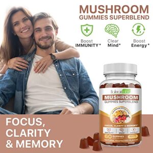 JYHSGD Super Mushroom Gummies for Adults, 10 Blend Mushroom Complex for Focus, Energy and Anxiety, Nootropic Brain Supplements, Boost Immunity, Shitake, Reishi, Turkey-Tail, Chaga, 60pcs