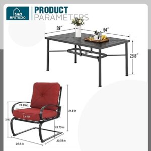 MFSTUDIO 7 Piece Outdoor Patio Dining Set, 6 Spring Motion Cushion Chairs, 1 Rectangular Table with 1.7" Umbrella Hole, Metal Furniture Sets for Lawn Backyard Garden, Red