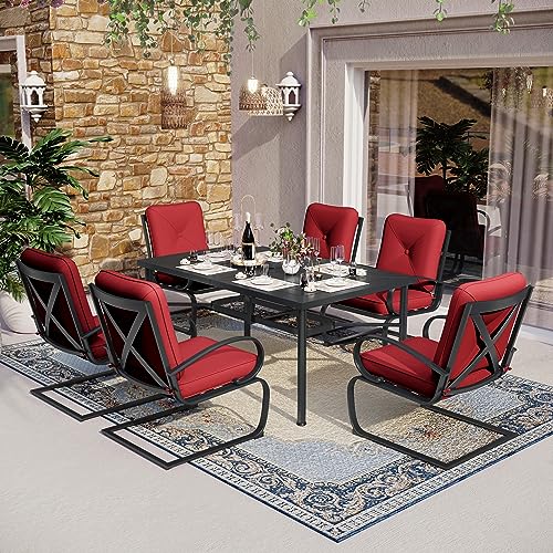 MFSTUDIO 7 Piece Outdoor Patio Dining Set, 6 Spring Motion Cushion Chairs, 1 Rectangular Table with 1.7" Umbrella Hole, Metal Furniture Sets for Lawn Backyard Garden, Red