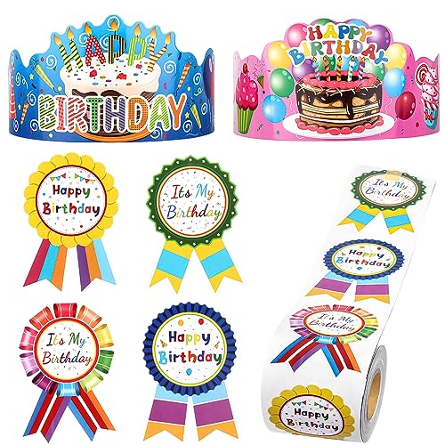 30 Pieces Birthday Crowns for Kids Classroom with 300pcs Happy Birthday Stickers for Students Boys Girls School Preschool Teacher Supplies Birthday Party Favors