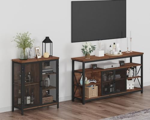 BON AUGURE Rustic Coffee Bar Cabinet with Tall Wood TV Stand, Wood Metal Set for Living Room and Bedroom(Rustic Oak)