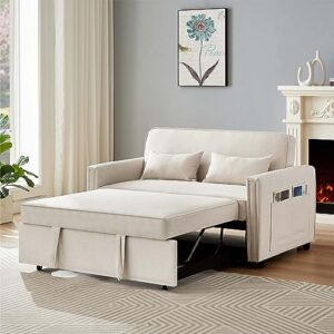 antetek sleeper sofa couch bed, 54" modern linen 3 in 1 convertible loveseat sleeper with pullout bed, small love seat futon sofa w/adjustable backrest for living room bedroom, ivory