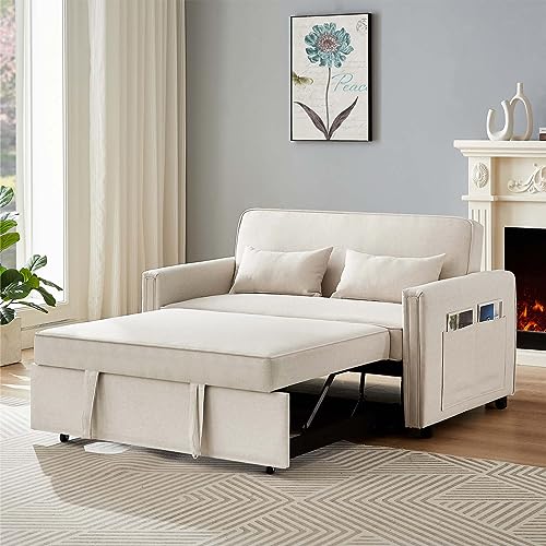 Antetek Sleeper Sofa Couch Bed, 54" Modern Linen 3 in 1 Convertible Loveseat Sleeper with Pullout Bed, Small Love seat Futon Sofa w/Adjustable Backrest for Living Room Bedroom, Ivory