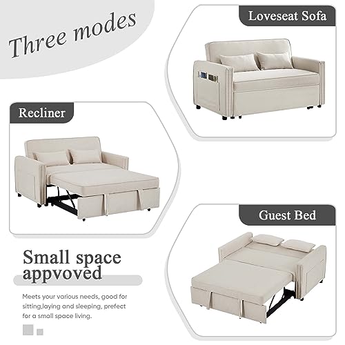 Antetek Sleeper Sofa Couch Bed, 54" Modern Linen 3 in 1 Convertible Loveseat Sleeper with Pullout Bed, Small Love seat Futon Sofa w/Adjustable Backrest for Living Room Bedroom, Ivory