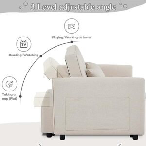 Antetek Sleeper Sofa Couch Bed, 54" Modern Linen 3 in 1 Convertible Loveseat Sleeper with Pullout Bed, Small Love seat Futon Sofa w/Adjustable Backrest for Living Room Bedroom, Ivory