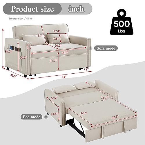 Antetek Sleeper Sofa Couch Bed, 54" Modern Linen 3 in 1 Convertible Loveseat Sleeper with Pullout Bed, Small Love seat Futon Sofa w/Adjustable Backrest for Living Room Bedroom, Ivory