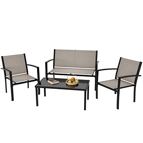 Greesum GS-LCT4PCSBG 4 Pieces Patio Furniture Set Outdoor Conversation Textilene Fabric Chairs for Lawn, Garden, Balcony, Poolside with A Glass Coffee Table, Beige