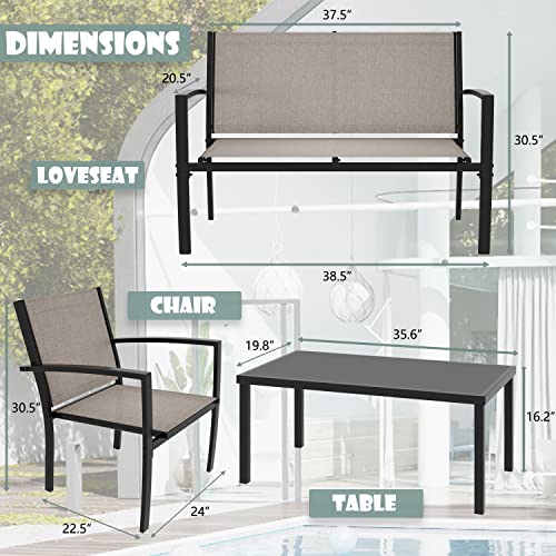 Greesum GS-LCT4PCSBG 4 Pieces Patio Furniture Set Outdoor Conversation Textilene Fabric Chairs for Lawn, Garden, Balcony, Poolside with A Glass Coffee Table, Beige