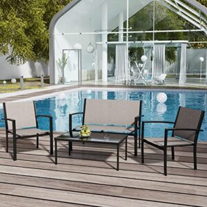 Greesum GS-LCT4PCSBG 4 Pieces Patio Furniture Set Outdoor Conversation Textilene Fabric Chairs for Lawn, Garden, Balcony, Poolside with A Glass Coffee Table, Beige