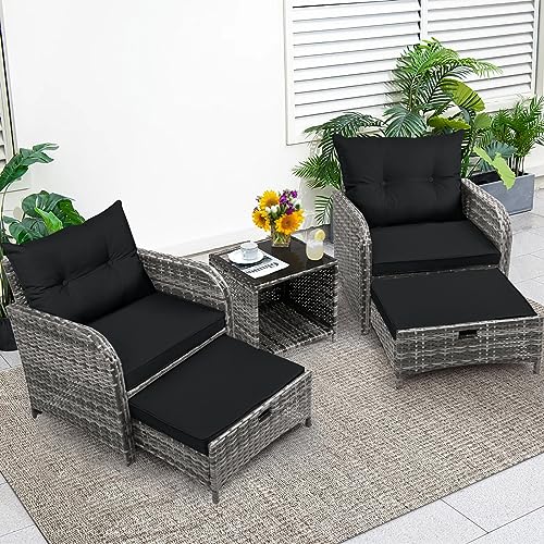 Auzfy 5 Pieces Wicker Outdoor Patio Chairs with Ottoman, PE Wicker Rattan Patio Conversation Furniture Set with Underneath Footrest, Wicker Outdoor Patio Chairs and Ottoman Set with Table, Black