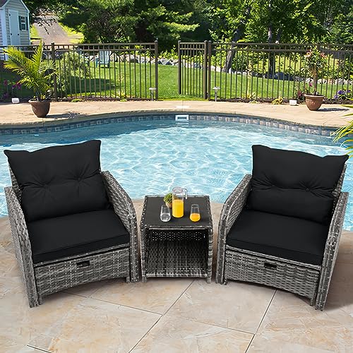 Auzfy 5 Pieces Wicker Outdoor Patio Chairs with Ottoman, PE Wicker Rattan Patio Conversation Furniture Set with Underneath Footrest, Wicker Outdoor Patio Chairs and Ottoman Set with Table, Black