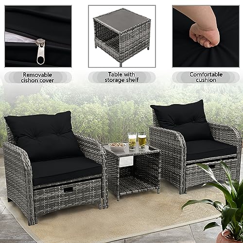 Auzfy 5 Pieces Wicker Outdoor Patio Chairs with Ottoman, PE Wicker Rattan Patio Conversation Furniture Set with Underneath Footrest, Wicker Outdoor Patio Chairs and Ottoman Set with Table, Black