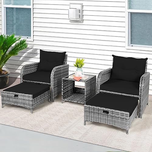 Auzfy 5 Pieces Wicker Outdoor Patio Chairs with Ottoman, PE Wicker Rattan Patio Conversation Furniture Set with Underneath Footrest, Wicker Outdoor Patio Chairs and Ottoman Set with Table, Black