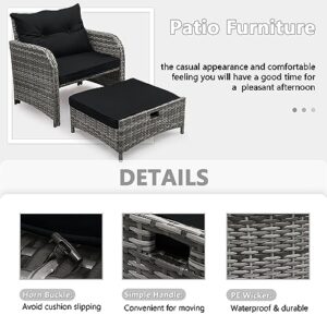 Auzfy 5 Pieces Wicker Outdoor Patio Chairs with Ottoman, PE Wicker Rattan Patio Conversation Furniture Set with Underneath Footrest, Wicker Outdoor Patio Chairs and Ottoman Set with Table, Black