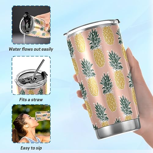 Jihqo Summer Pineapple Pattern Tumbler with Lid and Straw, Insulated Stainless Steel Tumbler Cup, Double Walled Travel Coffee Mug Thermal Vacuum Cups for Hot & Cold Drinks 12oz