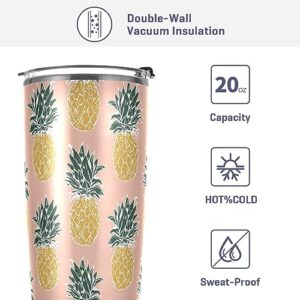 Jihqo Summer Pineapple Pattern Tumbler with Lid and Straw, Insulated Stainless Steel Tumbler Cup, Double Walled Travel Coffee Mug Thermal Vacuum Cups for Hot & Cold Drinks 12oz