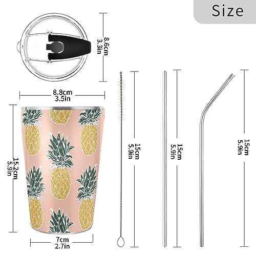 Jihqo Summer Pineapple Pattern Tumbler with Lid and Straw, Insulated Stainless Steel Tumbler Cup, Double Walled Travel Coffee Mug Thermal Vacuum Cups for Hot & Cold Drinks 12oz