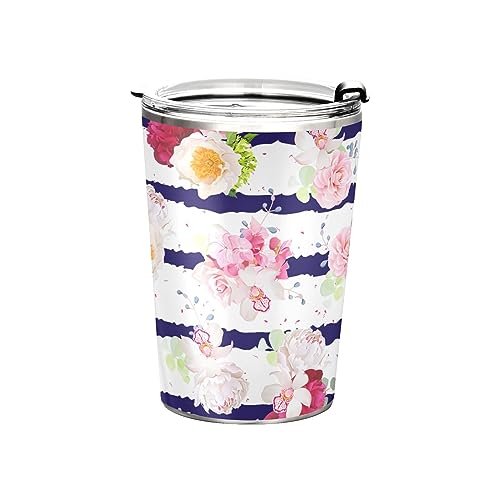 Jihqo Stripes Rose Print Tumbler with Lid and Straw, Insulated Stainless Steel Tumbler Cup, Double Walled Travel Coffee Mug Thermal Vacuum Cups for Hot & Cold Drinks 12oz