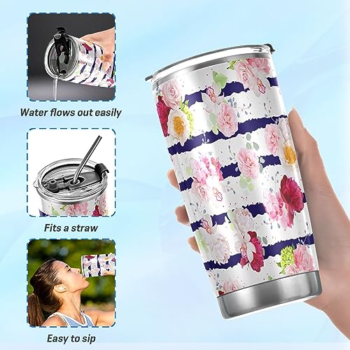 Jihqo Stripes Rose Print Tumbler with Lid and Straw, Insulated Stainless Steel Tumbler Cup, Double Walled Travel Coffee Mug Thermal Vacuum Cups for Hot & Cold Drinks 12oz