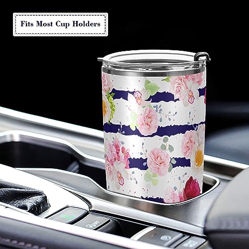 Jihqo Stripes Rose Print Tumbler with Lid and Straw, Insulated Stainless Steel Tumbler Cup, Double Walled Travel Coffee Mug Thermal Vacuum Cups for Hot & Cold Drinks 12oz